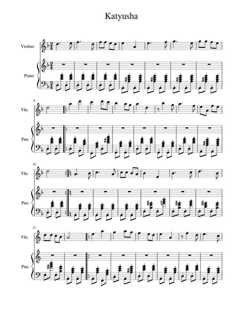 Katyusha Sheet Music for Piano, Violin (Solo) | MuseScore.com