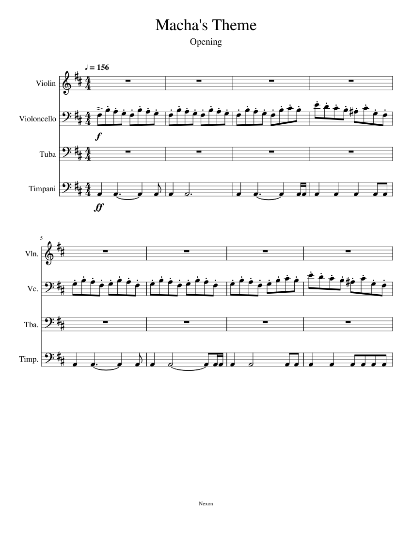 Macha s Theme Opening Sheet music for Tuba, Timpani, Violin, Cello ...