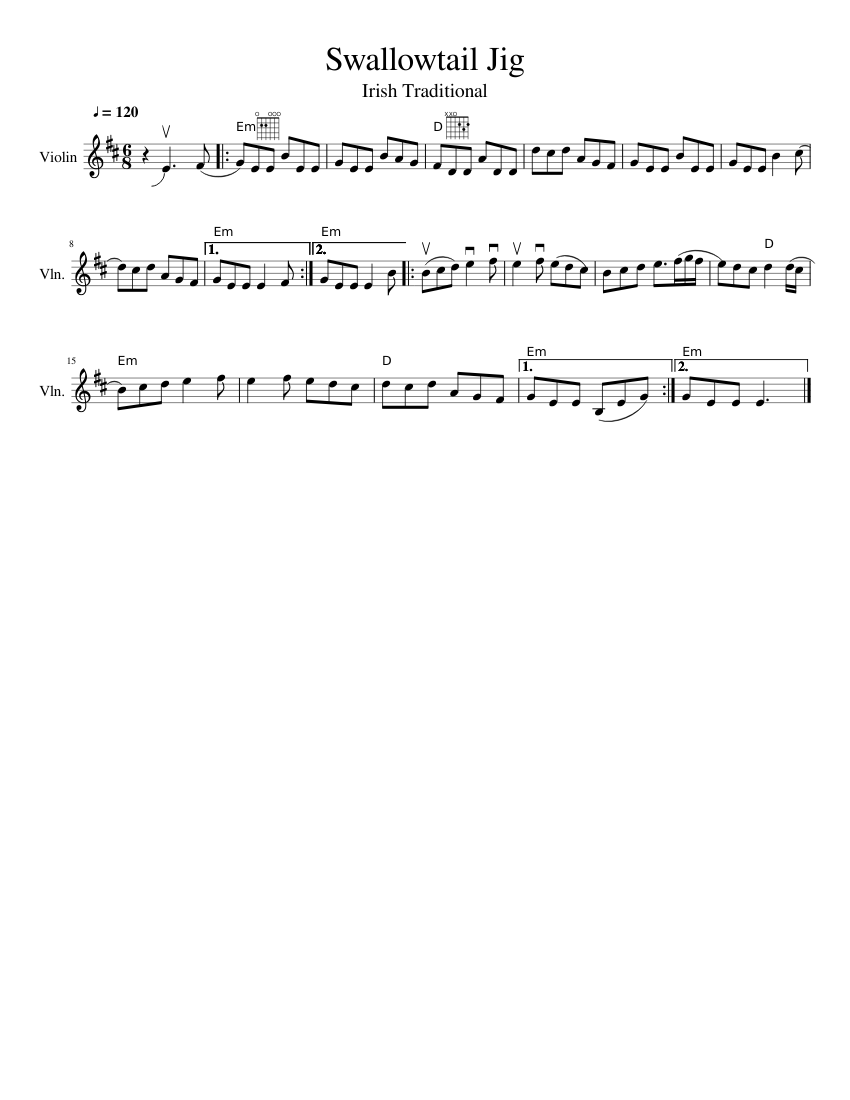 Swallowtail Jig Sheet Music for Violin, Cello, Guitar (Mixed Quartet ...