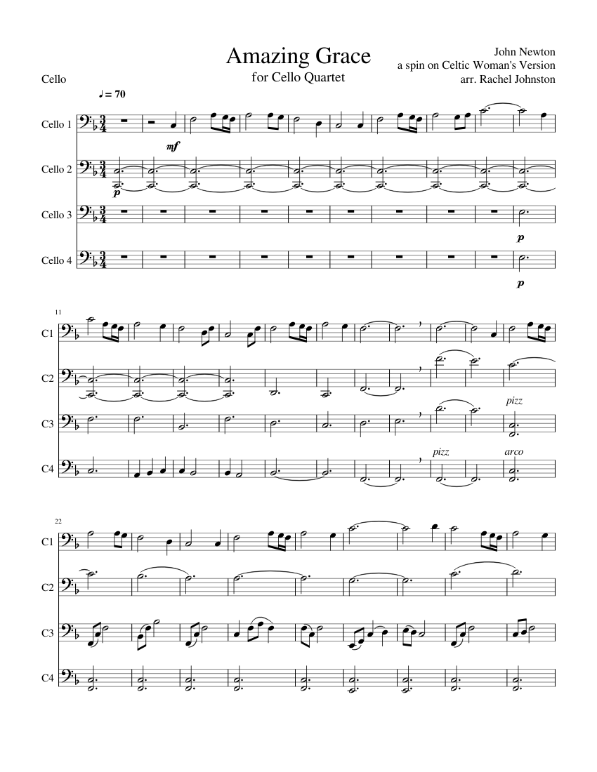 Amazing Grace Sheet Music for Cello (String Quartet) | MuseScore.com
