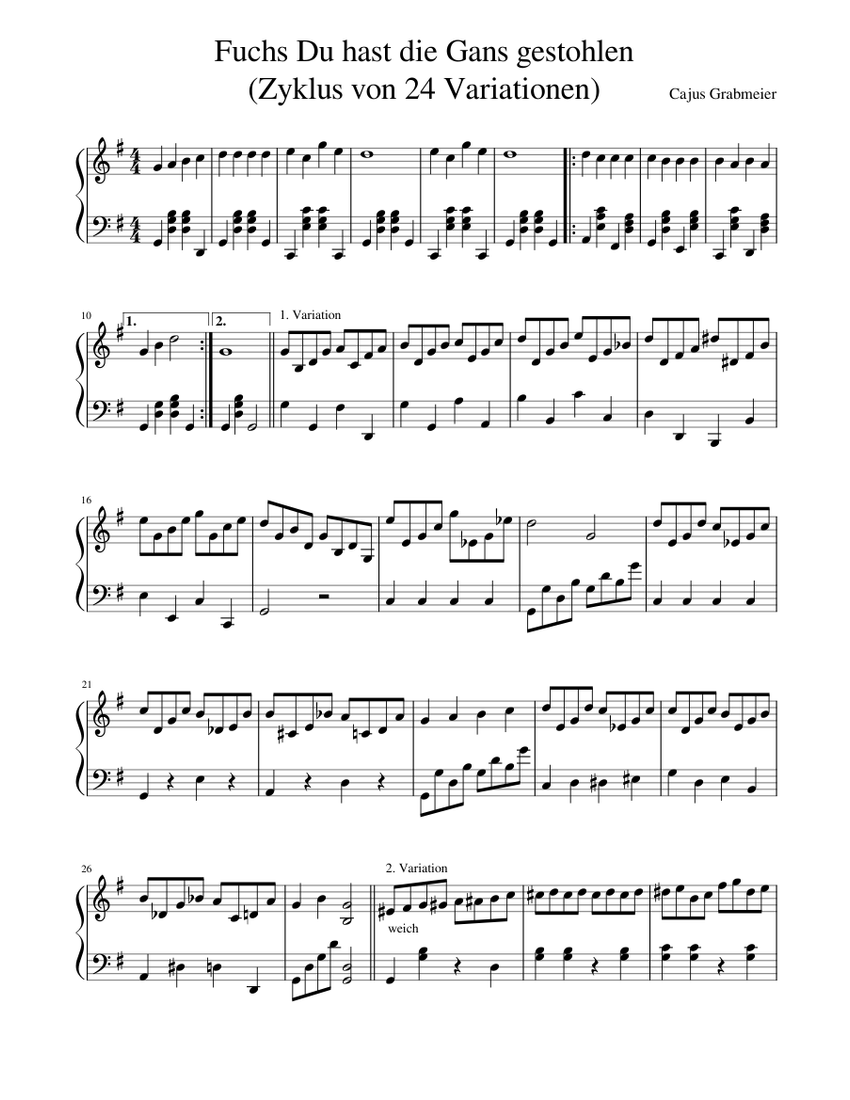 Fuchs Du hast die Gans gestohlen Variationen Sheet music for Piano ...