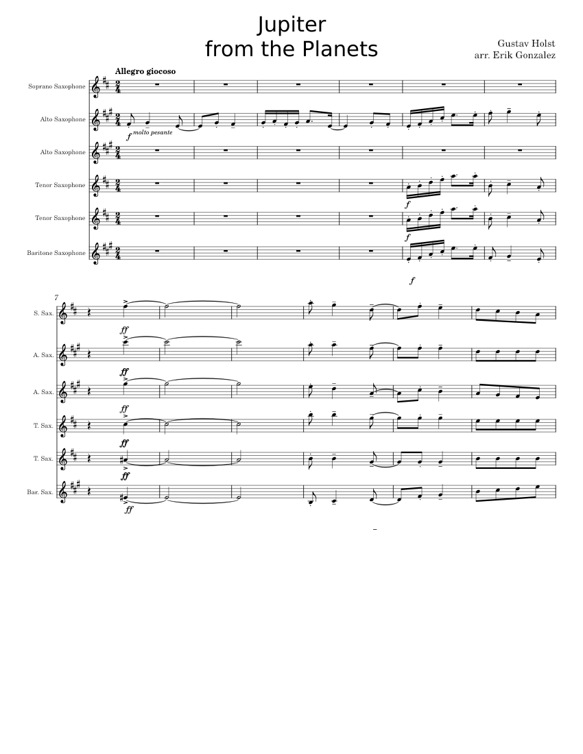 Jupiter from the Planets Sheet music for Saxophone alto, Saxophone ...