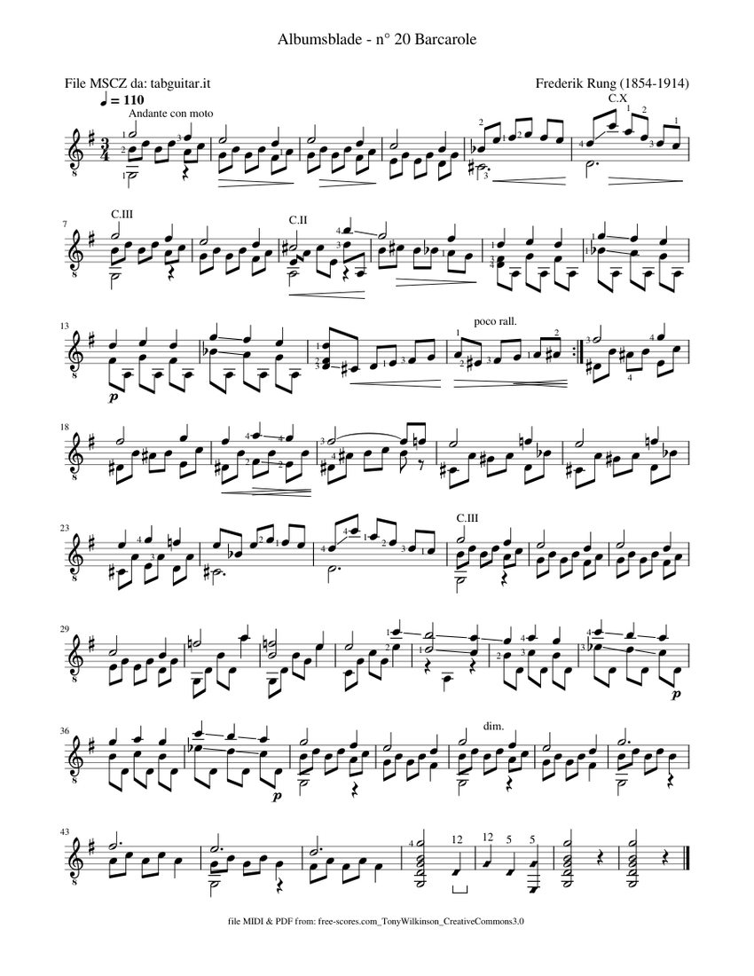 Rung Frederik - Albumsblade - n° 20 Barcarole Sheet music for Guitar (Solo) | Musescore.com