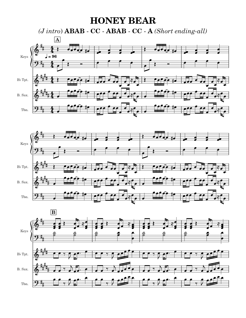 Honey Bear Chart Sheet Music for Piano, Trombone, Saxophone baritone, Trumpet in b-flat (Mixed ...