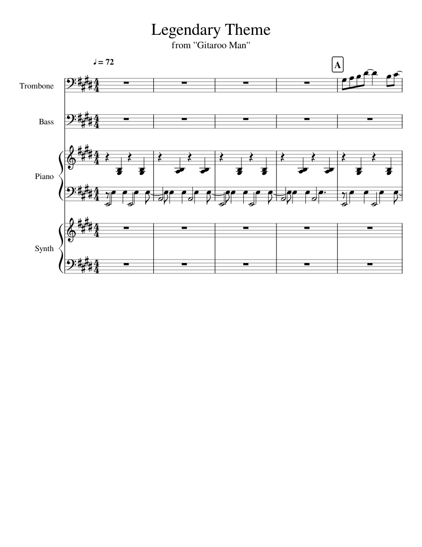 Legendary Theme (Gitaroo Man) Sheet Music for Piano, Trombone, Bass ...