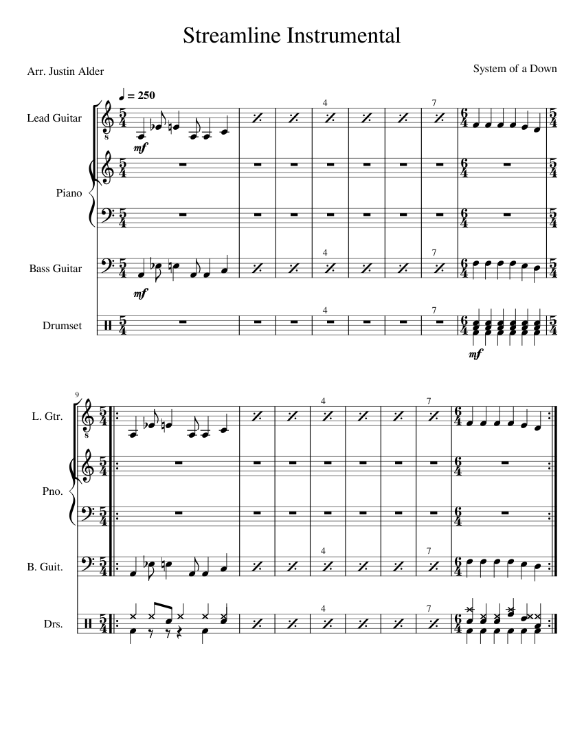 Streamline – System of a Down Sheet Music for Piano, Guitar, Bass ...