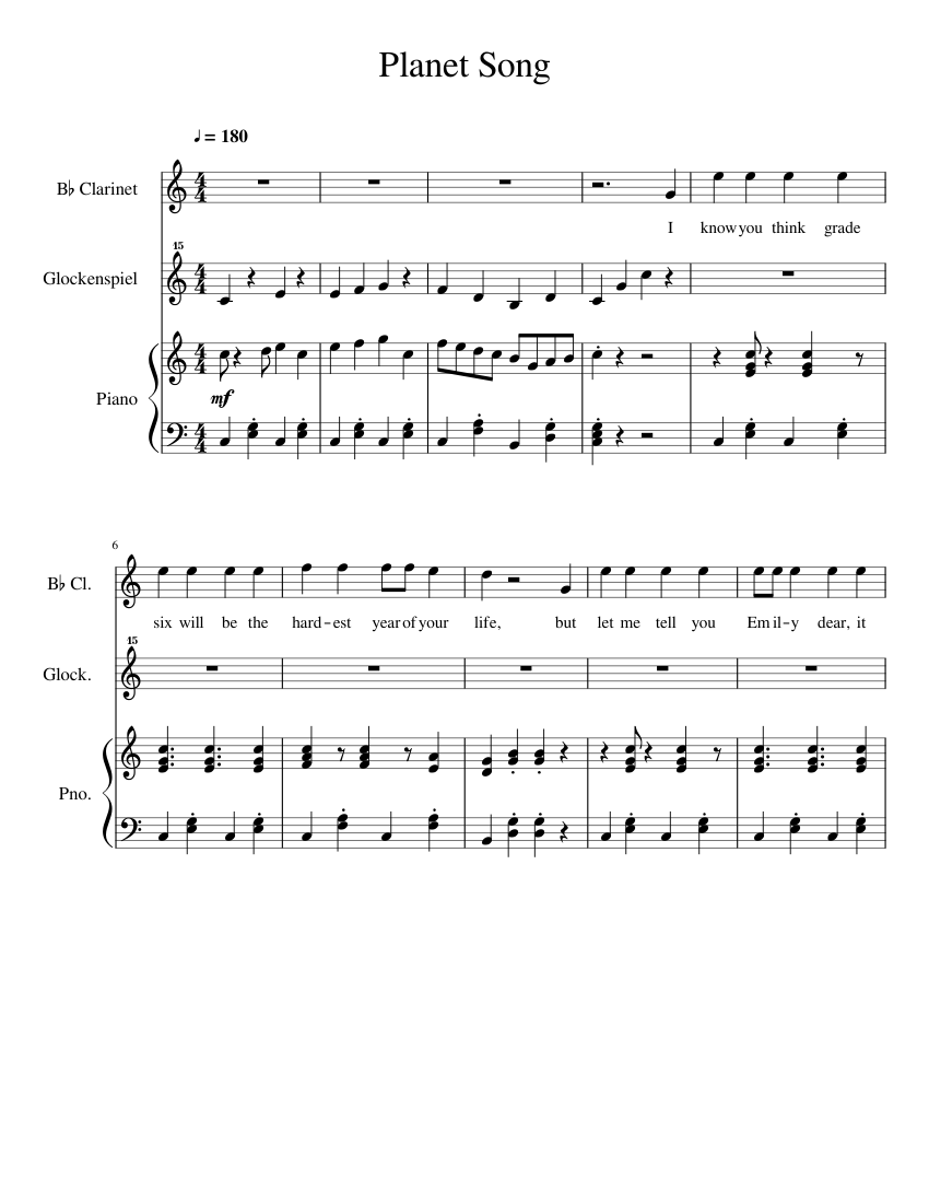 Planet Song Sheet Music for Piano, Clarinet in b-flat, Glockenspiel ...