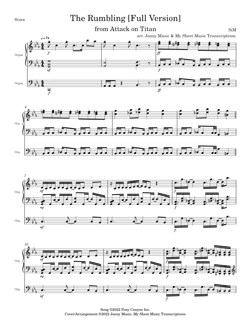 The Rumbling [Full Version] (SiM) Organ Cover Sheet Music for Organ ...