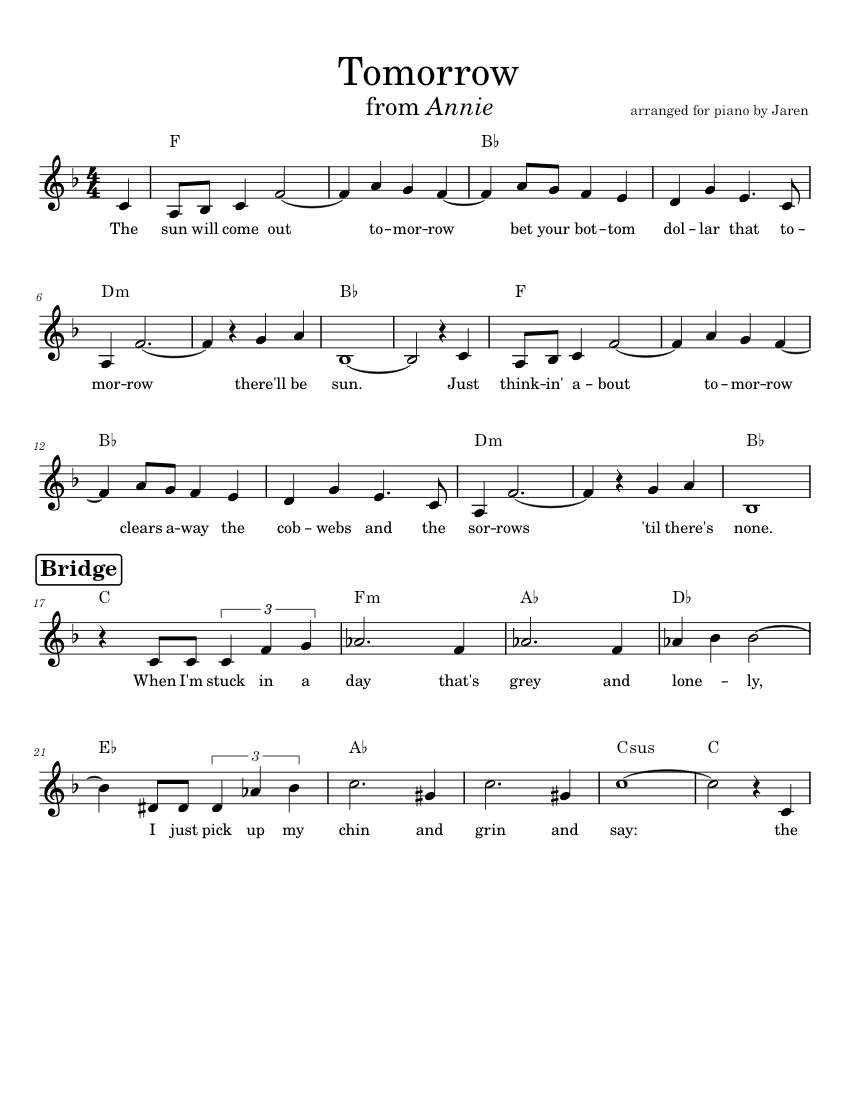 Tomorrow – Annie Sheet Music with Chords for Vocals (Piano-Voice ...