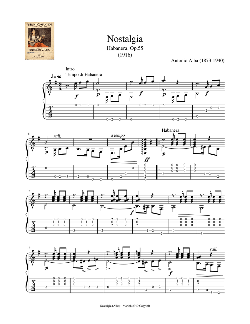 Nostalgia - Antonio Alba (1873-1940) - Tablature Sheet music for Guitar ...