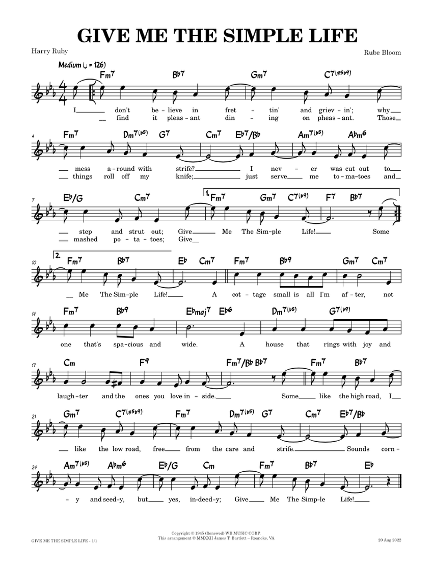 Give Me The Simple Life [lead sheet] – Rube Bloom, Harry Ruby Sheet ...