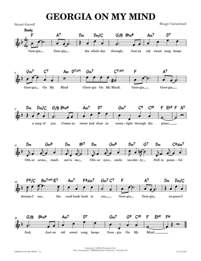 Georgia On My Mind [lead sheet] Sheet Music with Chords for Piano (Solo ...