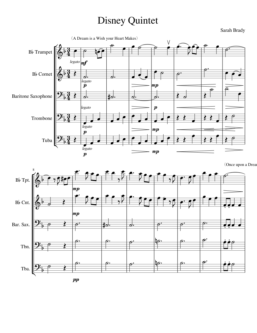 Disney Quintet brass Sheet music for Trombone, Cornet, Tuba, Saxophone ...