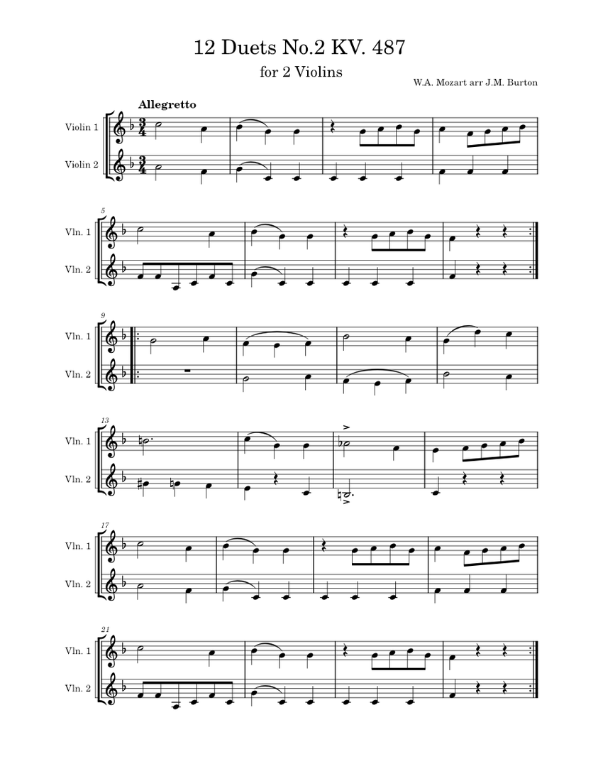 12 Horn Duos, K.487/496a – Wolfgang Amadeus Mozart Wolfgang Amadeus Mozart 12 Horn Duets No. 2 K ...