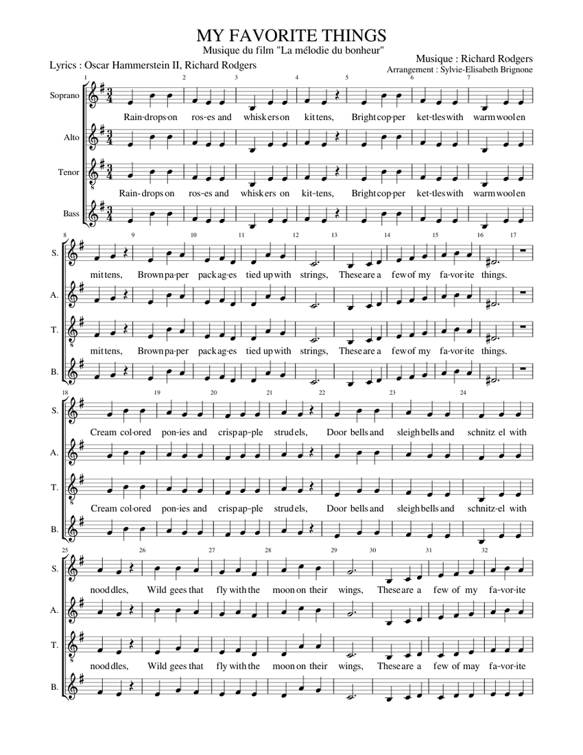 My favorite things - La mélodie du bonheur (SATB MuseScore) Sheet Music for Soprano, Alto, Tenor ...
