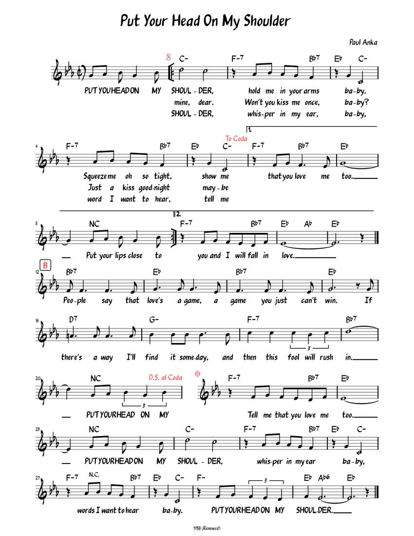 Put Your Head on My Shoulder (Lead sheet with lyrics ) Sheet Music with ...