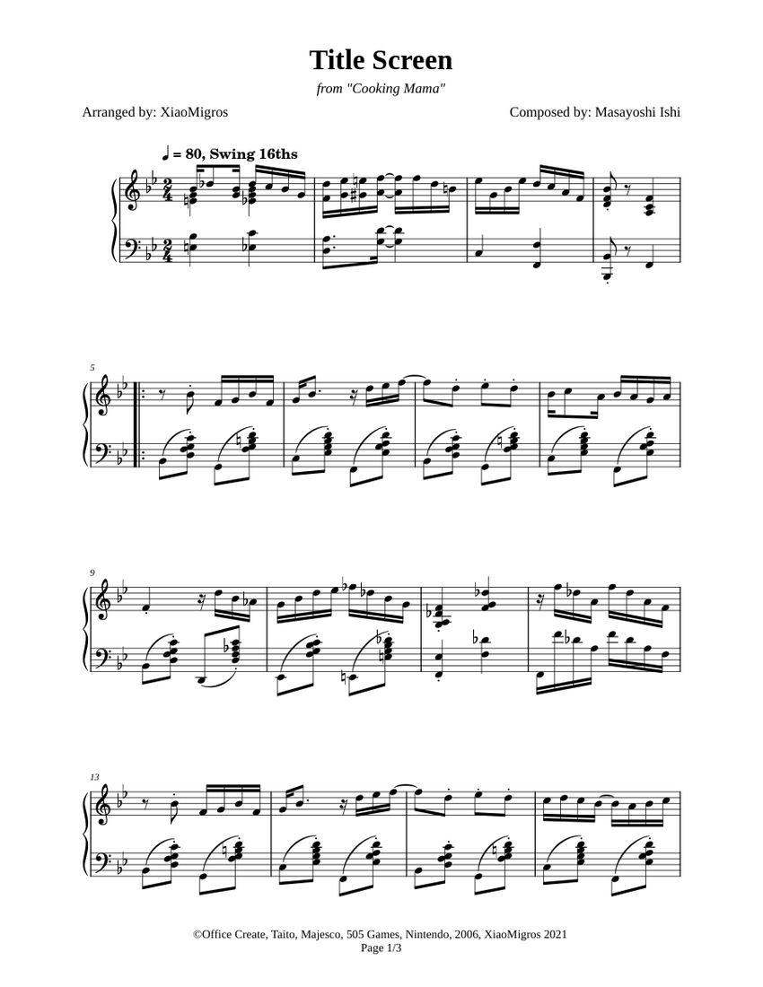 Title Screen - Cooking Mama Sheet Music for Piano (Solo) | MuseScore.com