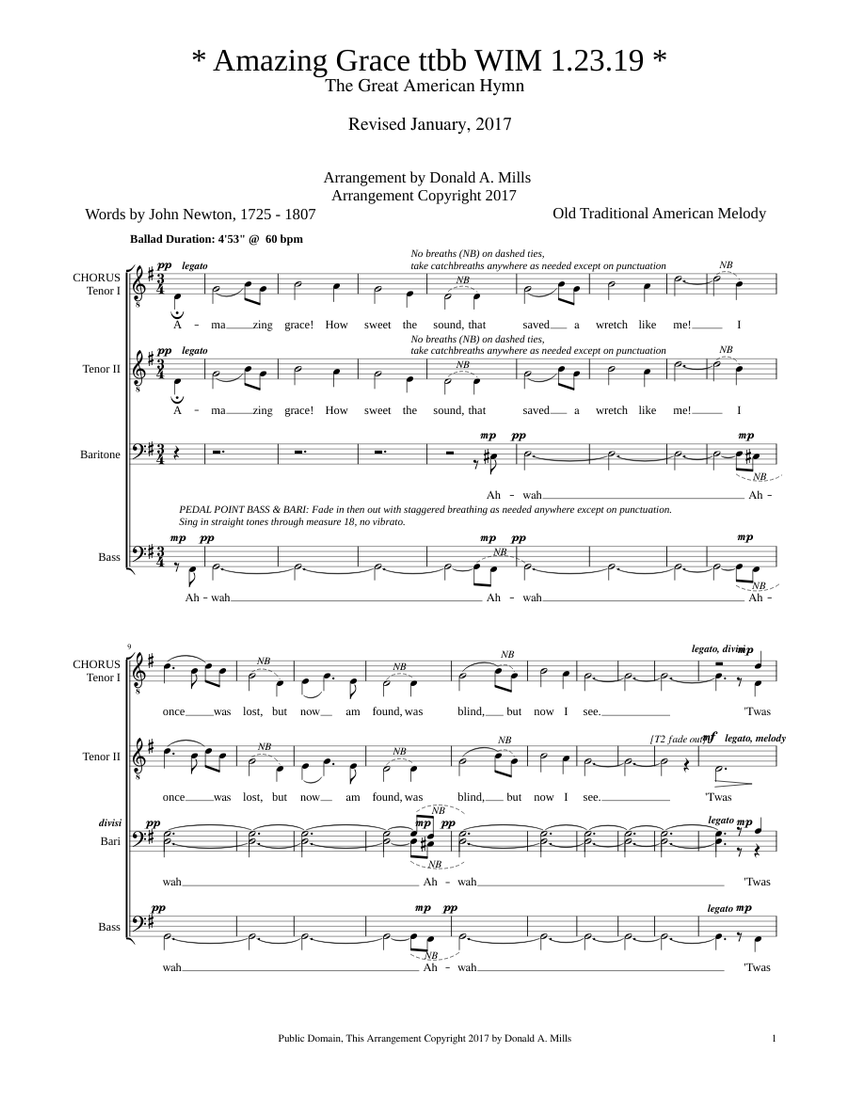 Amazing Grace ttbb Sheet Music for Bass guitar (Solo) | MuseScore.com