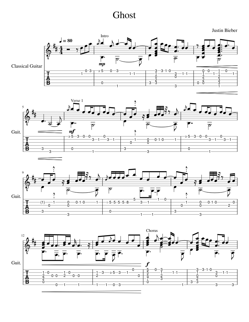 Ghost by Justin Bieber (Fingerstyle Arrangement) Sheet music for Guitar ...