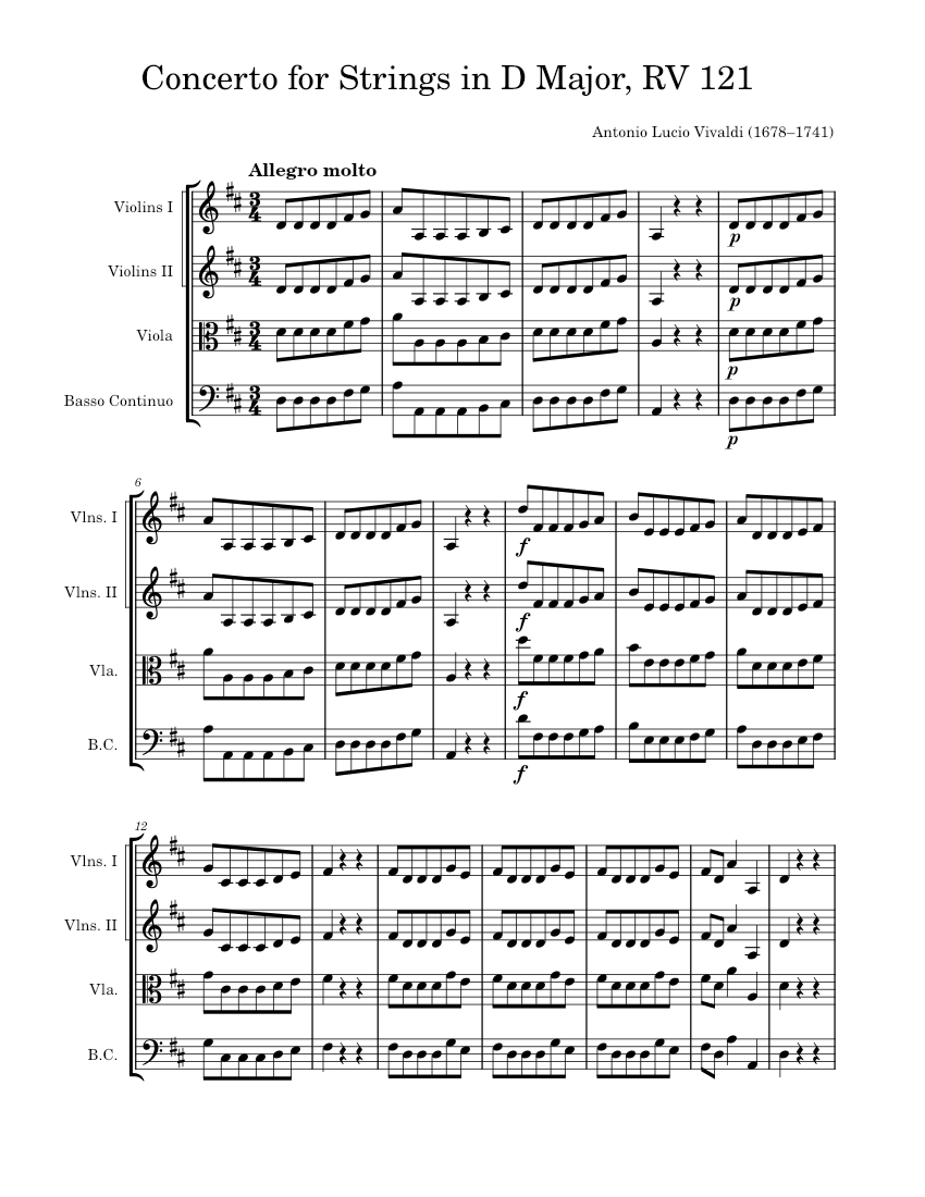 Vivaldi—Concerto For Strings In D Major, RV 121 Sheet Music for Viola, Cello, Strings group ...