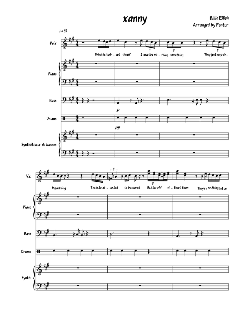 Billie Eilish - xanny Sheet Music for Piano, Vocals, Bass guitar, Drum ...
