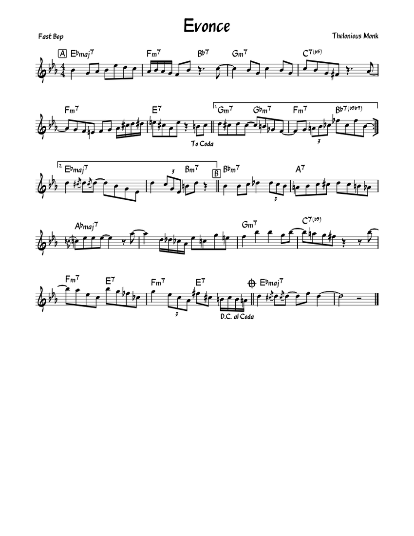 Evonce - Lead Sheet (Thelonious Monk) Sheet Music with Chords for Piano ...