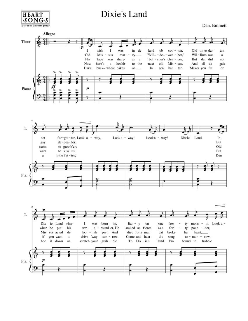 Dixie's Land Sheet music for Piano, Tenor (Piano-Voice) | Musescore.com