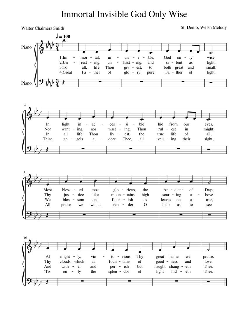 Immortal Invisible God Only Wise (Alto) - St. Denio, Welsh Melody Sheet ...