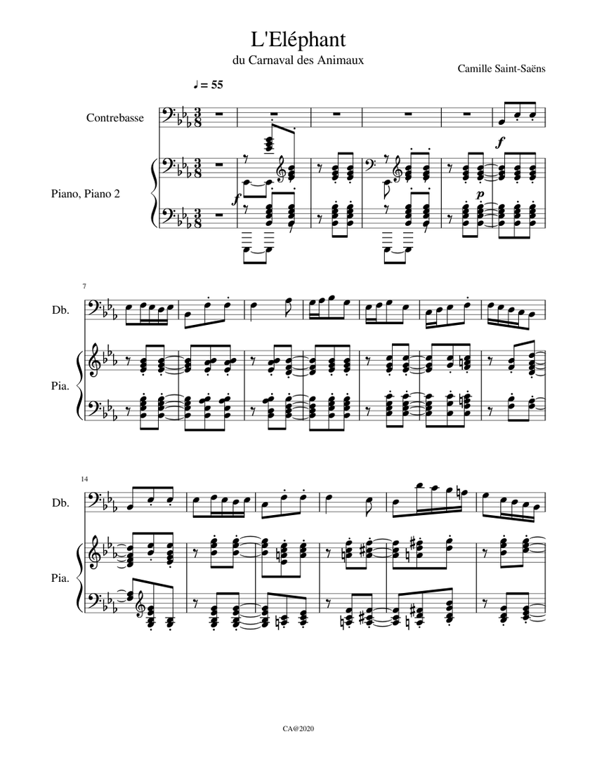 L'Eléphant de Camille Saint-Saëns pour contrebasse et piano Sheet Music ...
