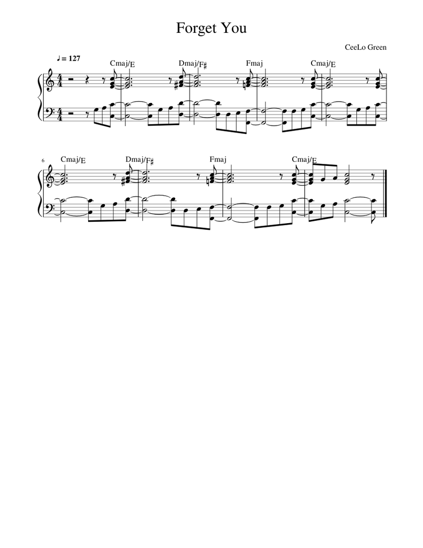 Forget You Sheet Music with Chords for Piano (Solo) Easy | MuseScore.com