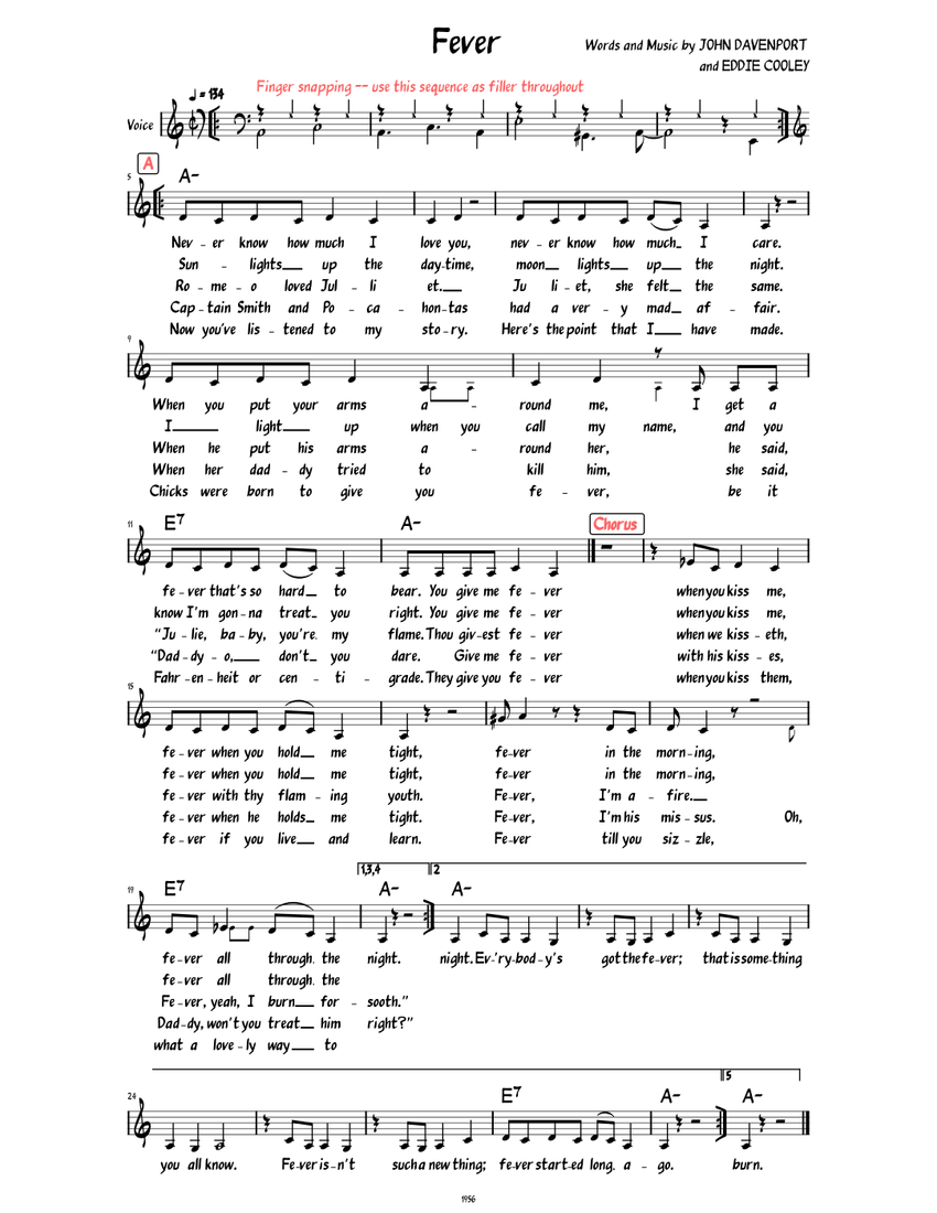 Fever (Lead sheet with lyrics ) Sheet Music with Chords for Piano (Solo ...