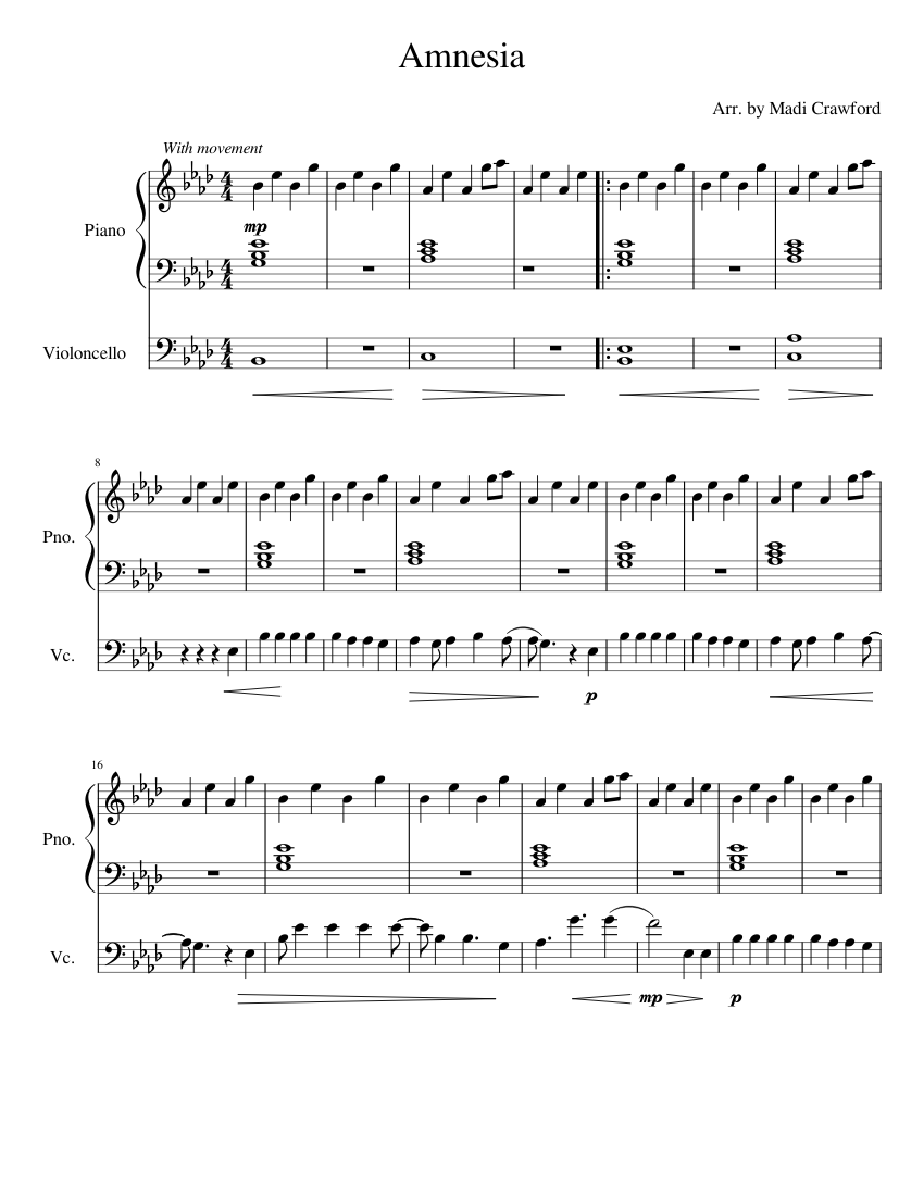 Amnesia- 5SOS Arrangement Sheet Music for Piano, Cello (Solo ...