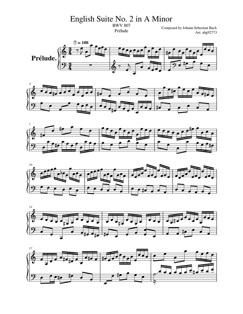 English Suite No.2 in A minor, BWV 807 – Johann Sebastian Bach Sheet Music for Piano (Solo ...