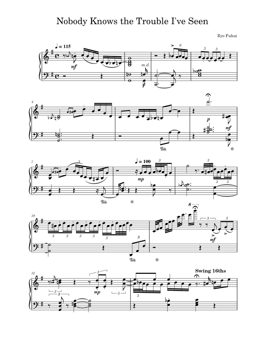 Nobody Knows the Trouble I've Seen - Ryo Fukui Sheet Music for Piano ...