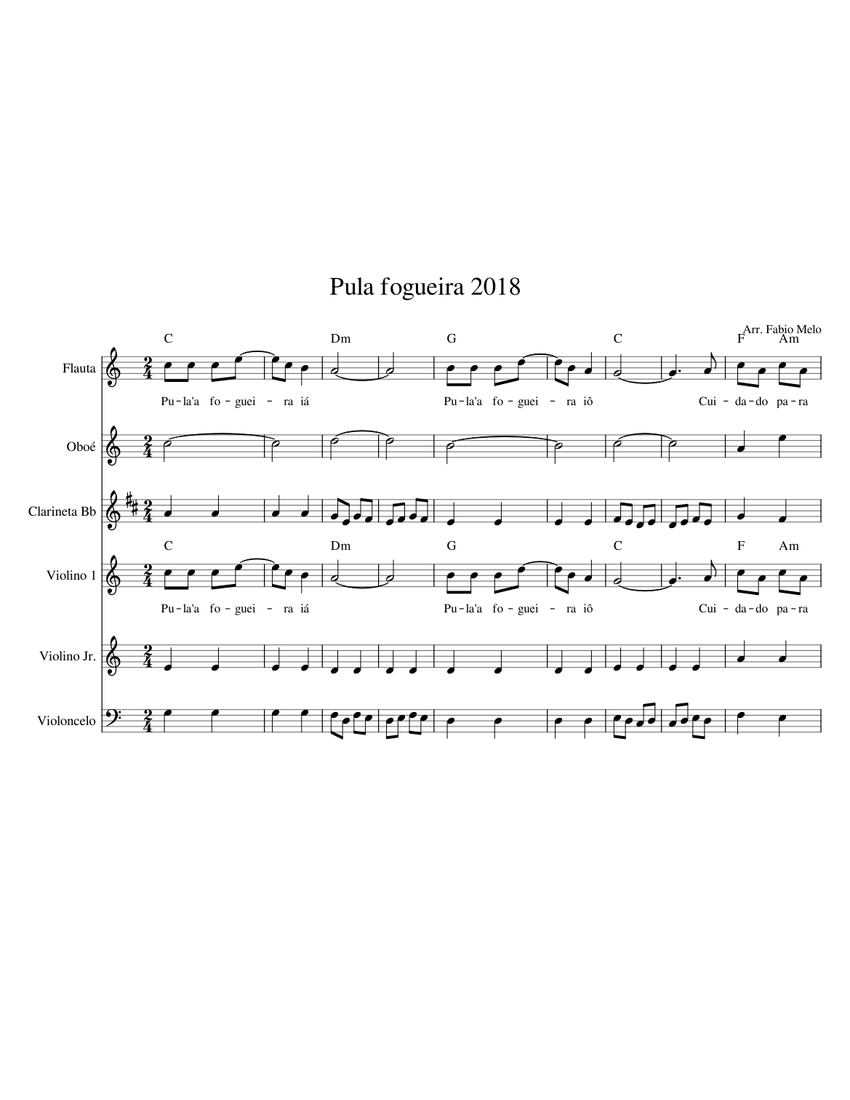 Pula fogueira Sheet music for Flute, Oboe, Clarinet in b-flat, Violin ...