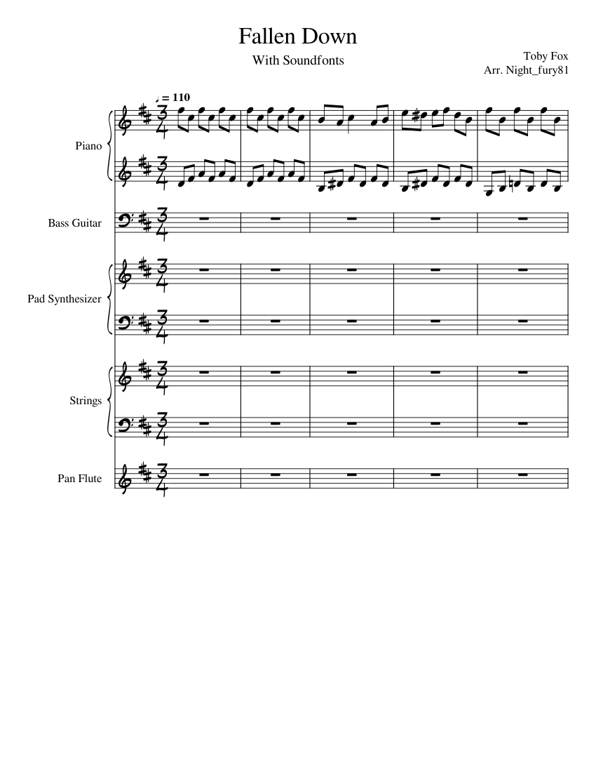 Fallen Down Sheet Music for Piano, Bass guitar, Strings group ...