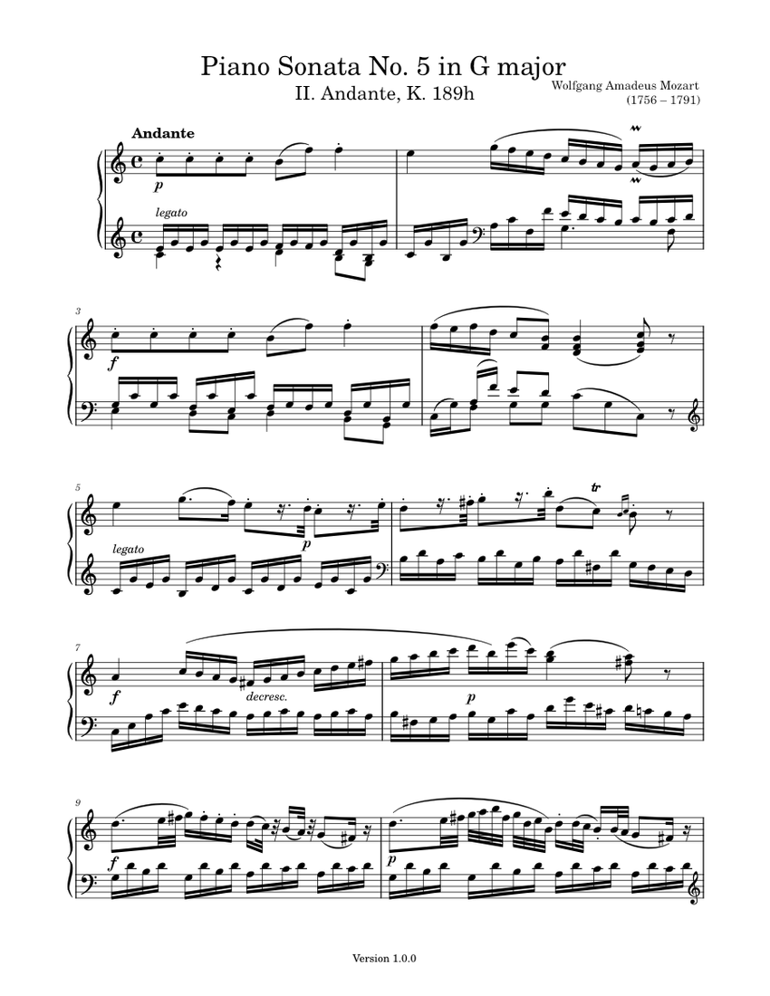 [II. Andante] Piano Sonata No. 5 in G major, K. 189h – W. A. Mozart Sheet Music for Piano (Solo ...