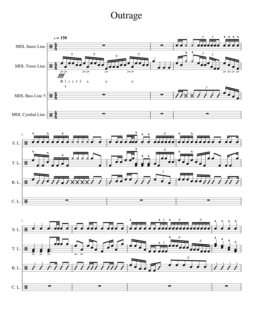 Outrage Sheet music for Snare drum, Crash, Tenor drum, Bass drum ...