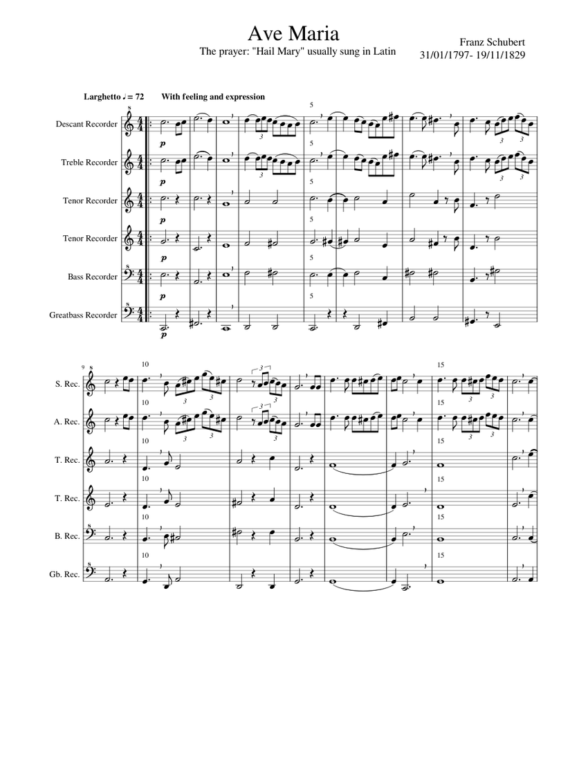 Ave Maria Score Sheet music for Recorder (Woodwind Ensemble ...