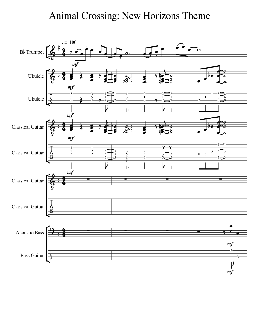Animal Crossing:New Horizons Theme Sheet Music and Tab for Trumpet in b ...