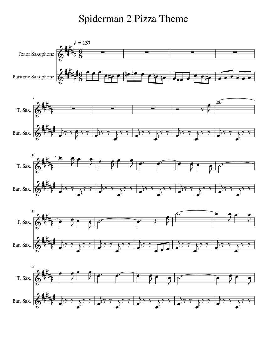 Spiderman 2 Pizza Theme Sheet Music for Saxophone tenor, Saxophone ...