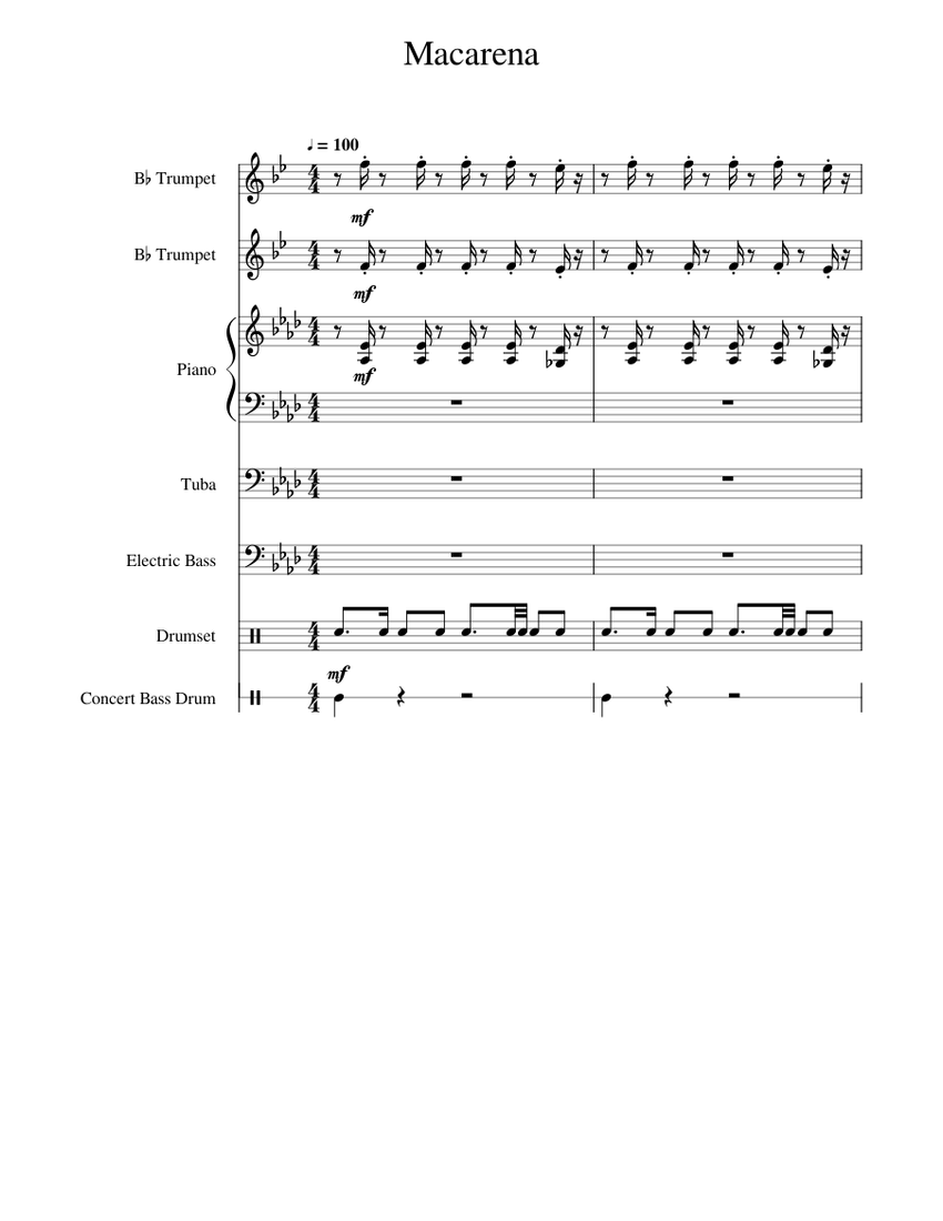 Macarena Sheet Music for Piano, Tuba, Trumpet in b-flat, Bass guitar ...