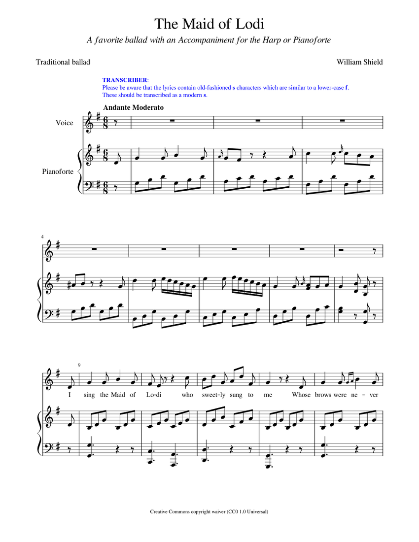 Shield William - The Maid of Lodi Sheet music for Piano, Vocals (Piano ...
