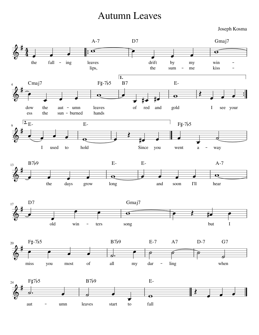 Autumn_Leaves Sheet Music with Chords for Piano (Mixed Ensemble) Easy ...