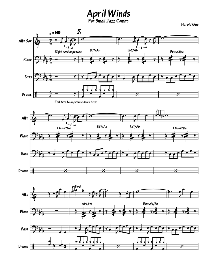 April_Winds_Reupload Sheet music for Piano, Saxophone alto, Bass guitar ...