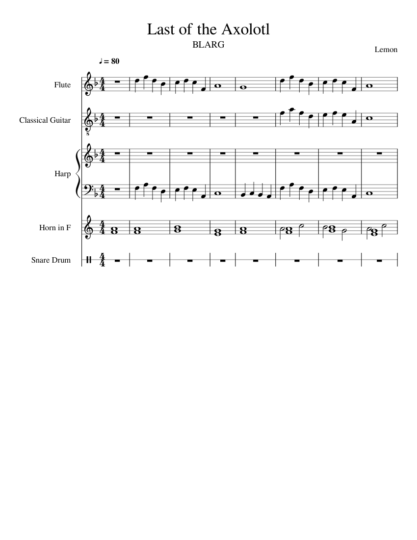 Last of the Axolotl Sheet Music for Flute, French horn, Snare drum ...