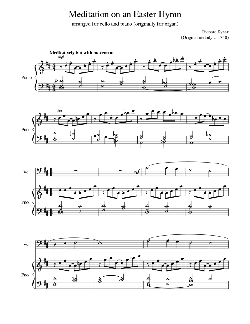 Meditation on an Easter Hymn for Cello and Piano by Richard Syner Sheet ...