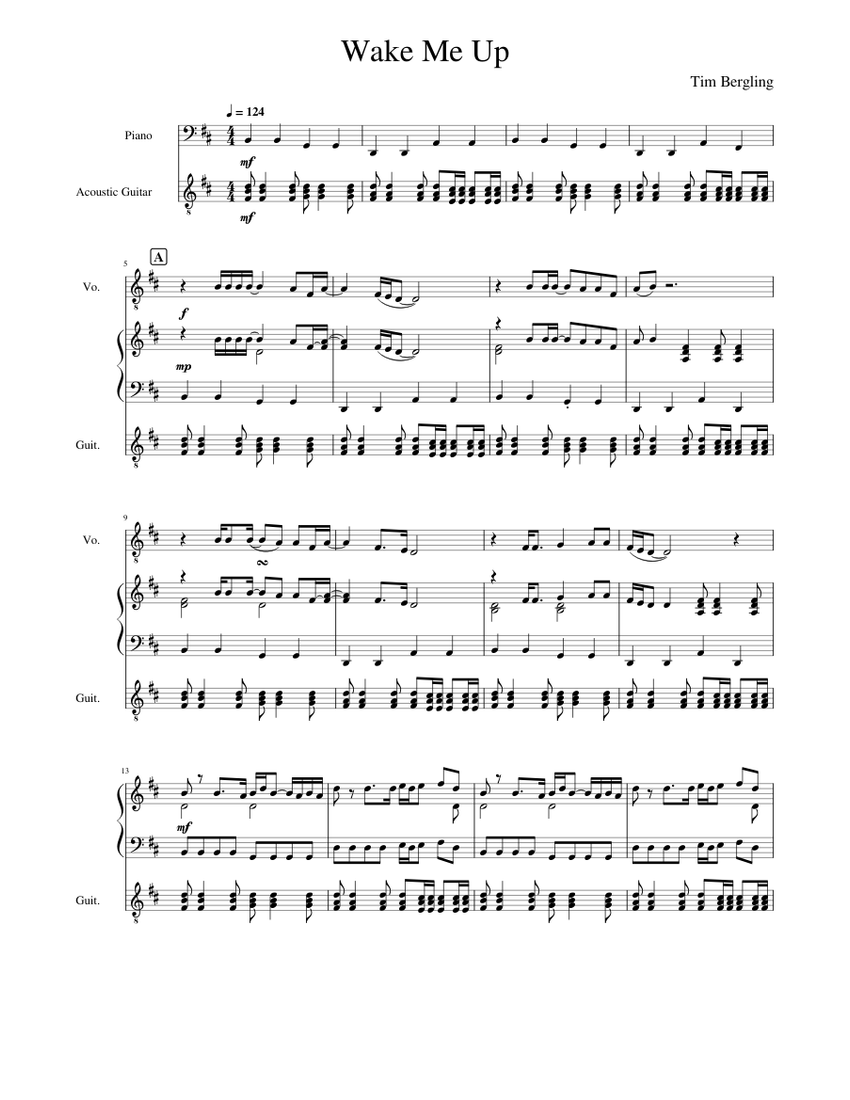 Wake Me Up - Avicii Sheet Music for Piano, Vocals, Guitar, Bass guitar ...