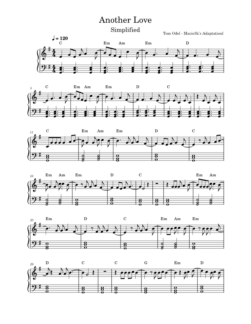 Tom Odell – Another love Sheet Music with Chords for Piano (Solo) easy ...