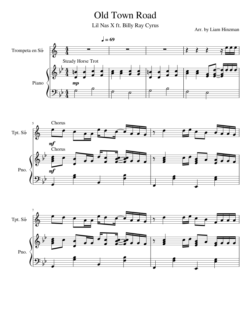 Old Town Road - Lil Nas X ft. Billy Ray Cyrus Sheet Music for Piano ...